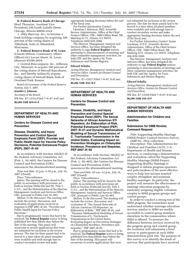 Notice: Meetings: Disease, Disability, and Injury Prevention and ...