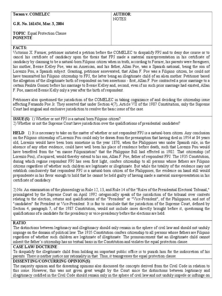 Tecson v. Comelec | PDF | Legitimacy (Family Law) | Citizenship
