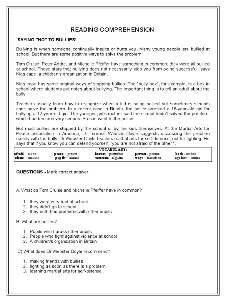 Reading Comprehension Bullying | PDF | Bullying | Reading Comprehension
