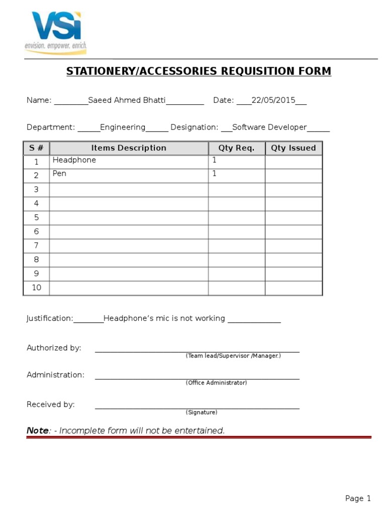 Stationery and Accessories Requisition Form | PDF