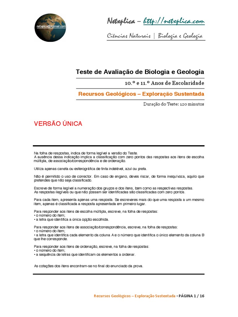 Teste Geologia 10 e 11 - Recursos Geologicos - Exploracao Sustentada ...