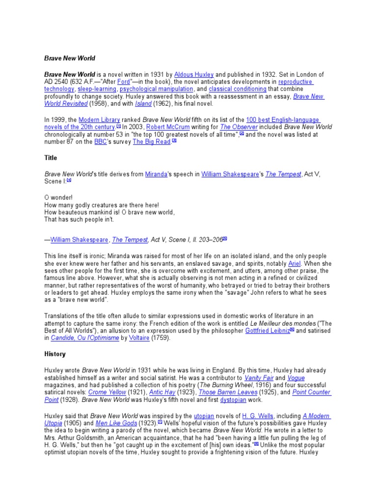 Brave New World Brave New World Is A Novel Written in 1931 by | PDF ...