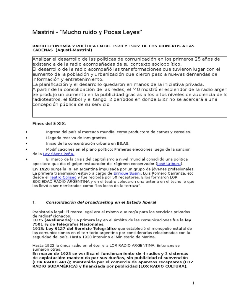 Mastrini - Mucho Ruido Pocas Leyes | PDF | Radio | Estado (política)