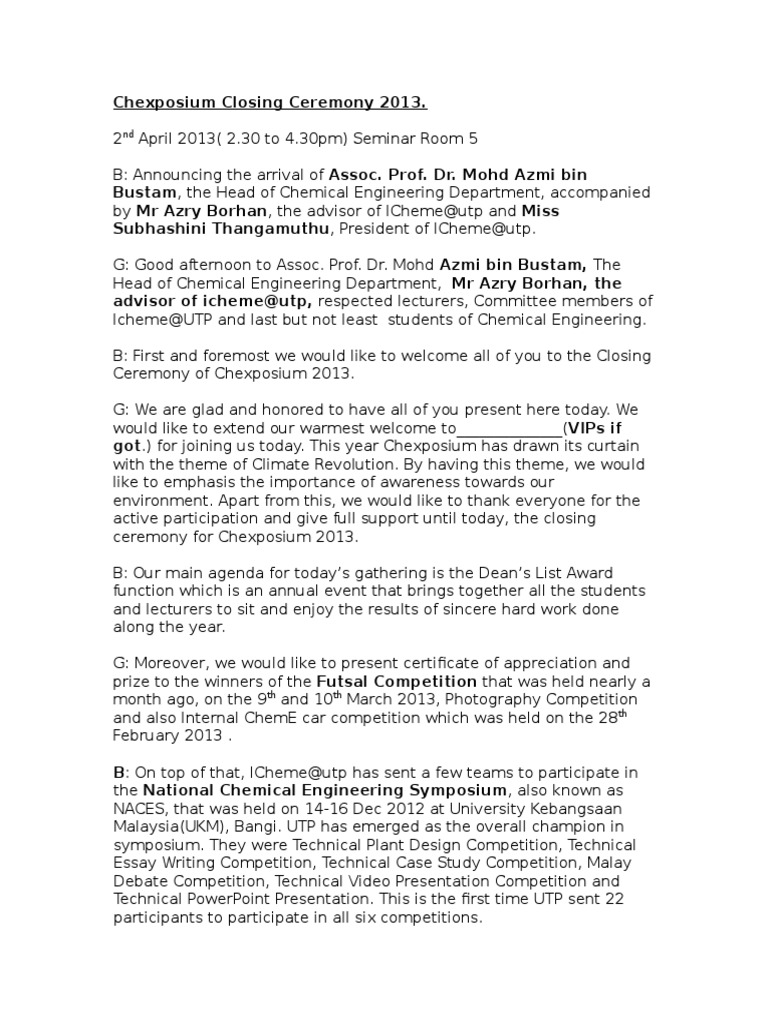 Emcee Script Chexposium 2013 Closing Ceremony | PDF