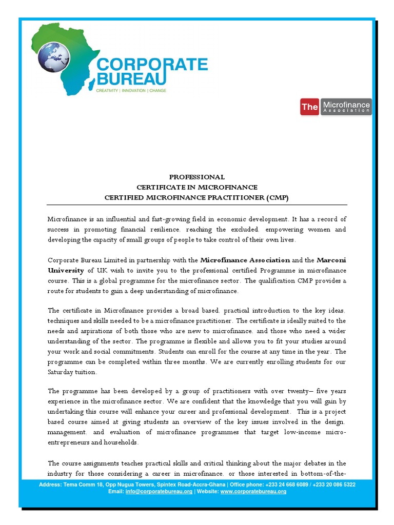 Professional Certificate in Microfinance Certified Microfinance ...