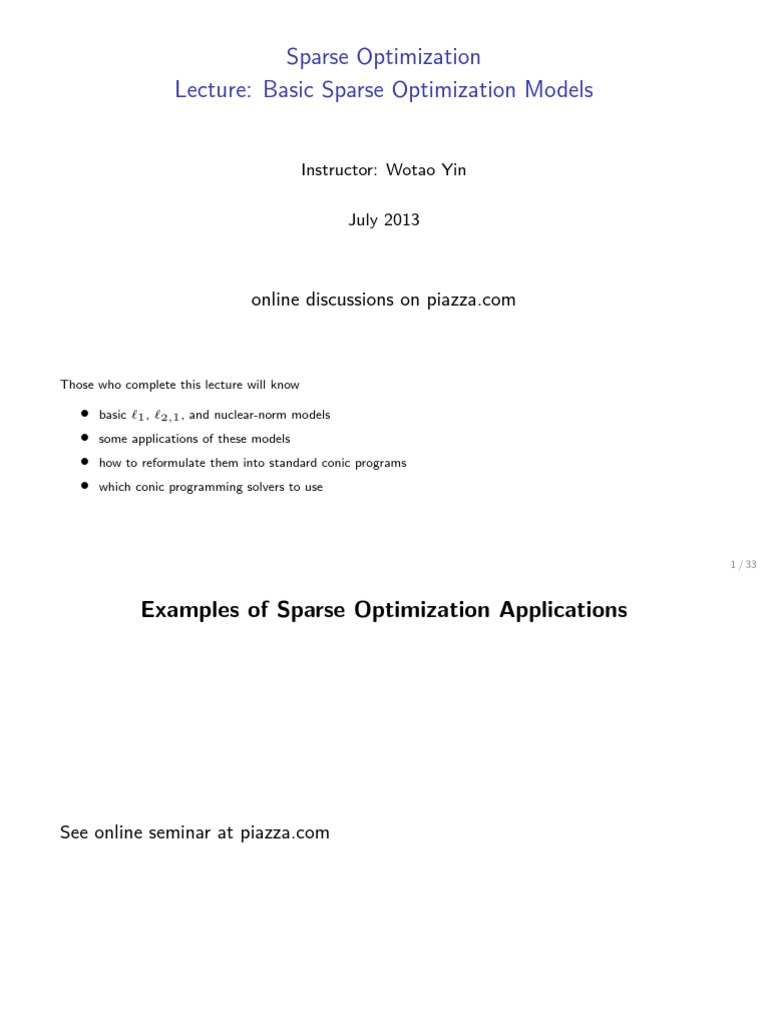 Sparse Optimization Lecture Basic Sparse Optimization Models Pdf Wavelet Mathematical