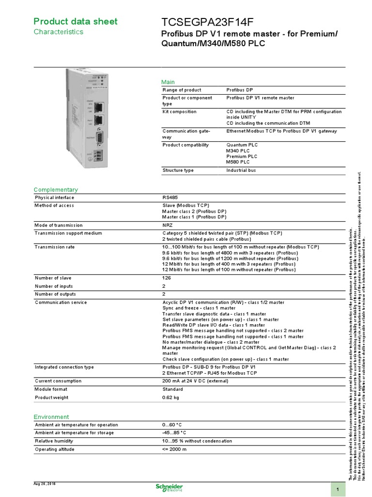 Profibus DP Master TCSEGPA23F14F Datasheet | PDF | Internet Protocols | Manufactured Goods