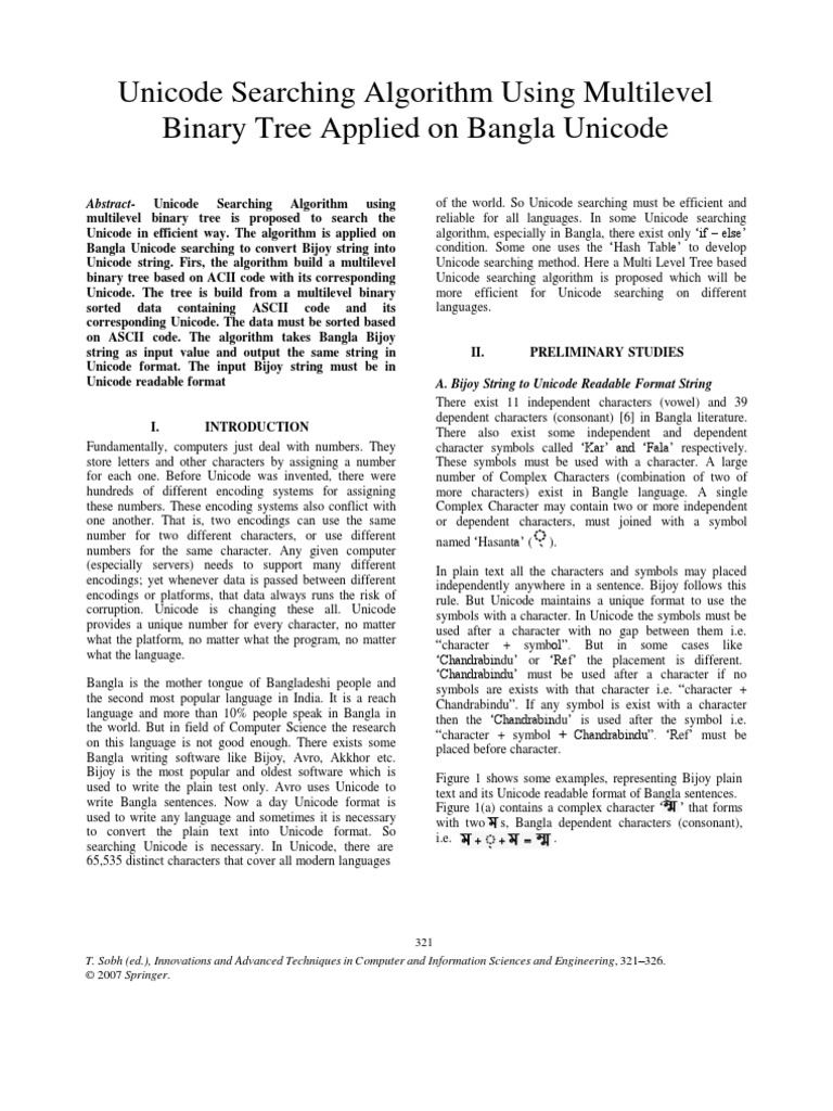 Unicode Searching Algorithm Using Multilevel Binary Tree Applied On Bangla Unicode Pdf