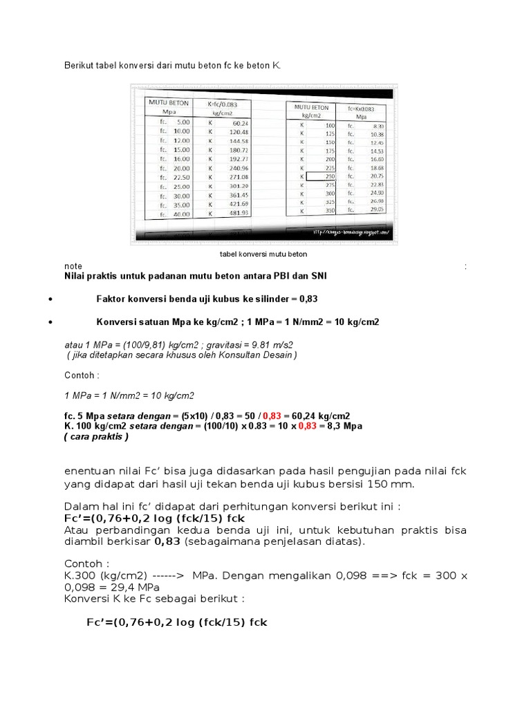 Berikut Tabel Konversi Dari Mutu Beton FC Ke Beton K | PDF