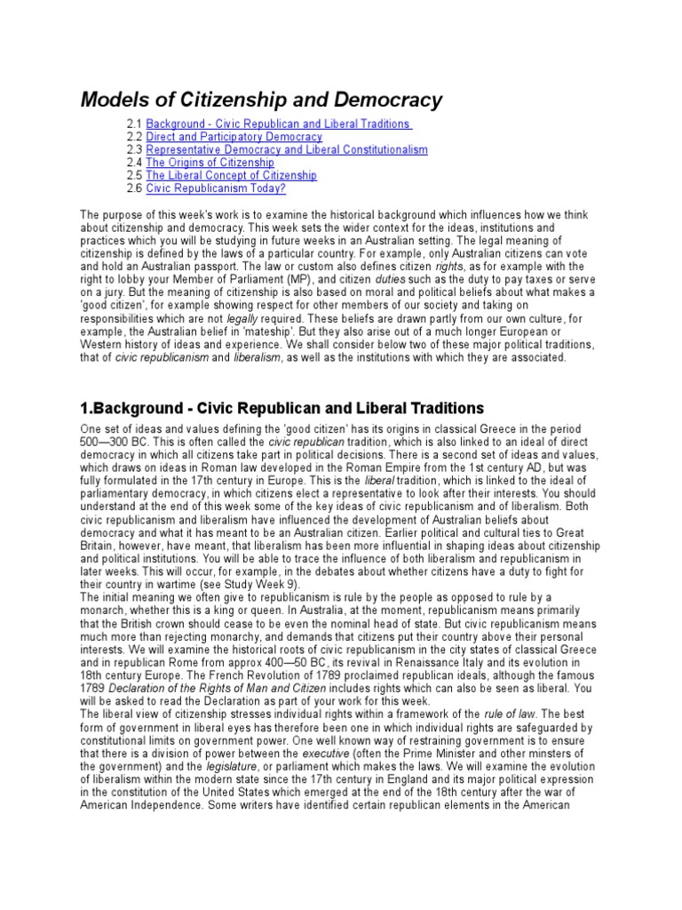 Models of Citizenship and Democracy | PDF | Liberalism | Republicanism