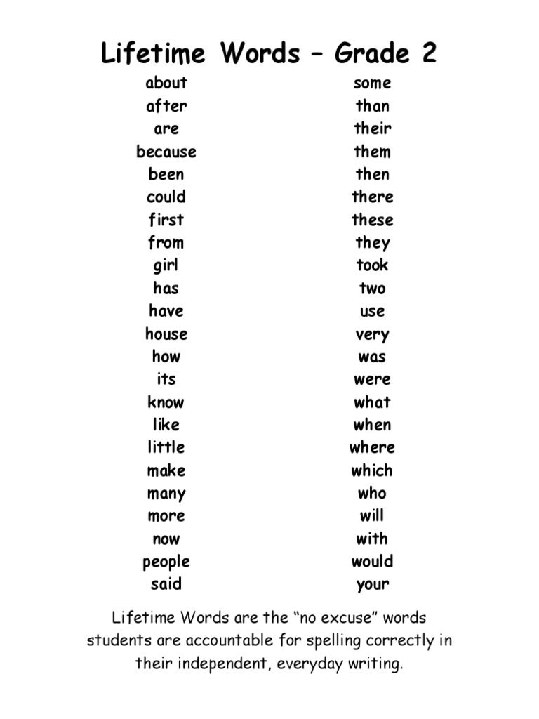 Grade 2 Lifetime Words List | PDF