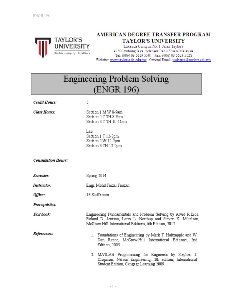 Engineering Problem Solving (ENGR 196) : Credit Hours: Class Hours | PDF | Engineering ...