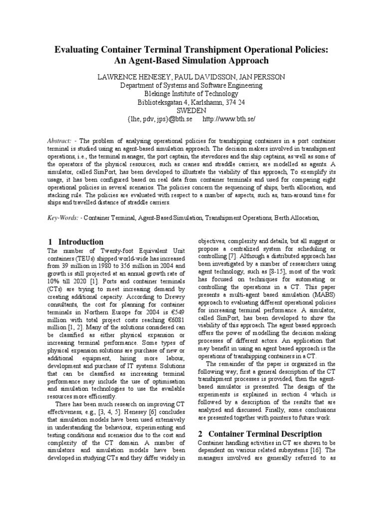 Evaluating Container Terminal Transhipment Operational Policies: An Agent-Based Simulation ...