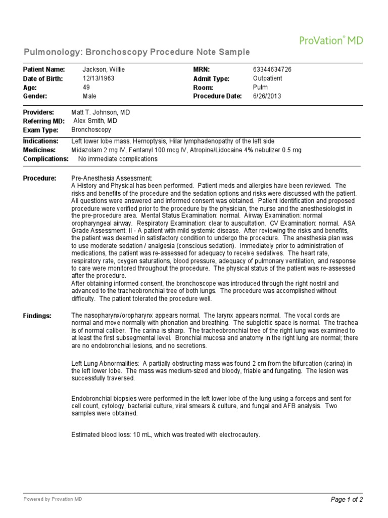 Pulmonology: Bronchoscopy Procedure Note Sample::&J-F-M) KG) :F&X"8 ...