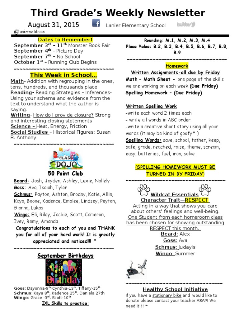Third Grade's Weekly Newsletter: August 31, 2015 | PDF