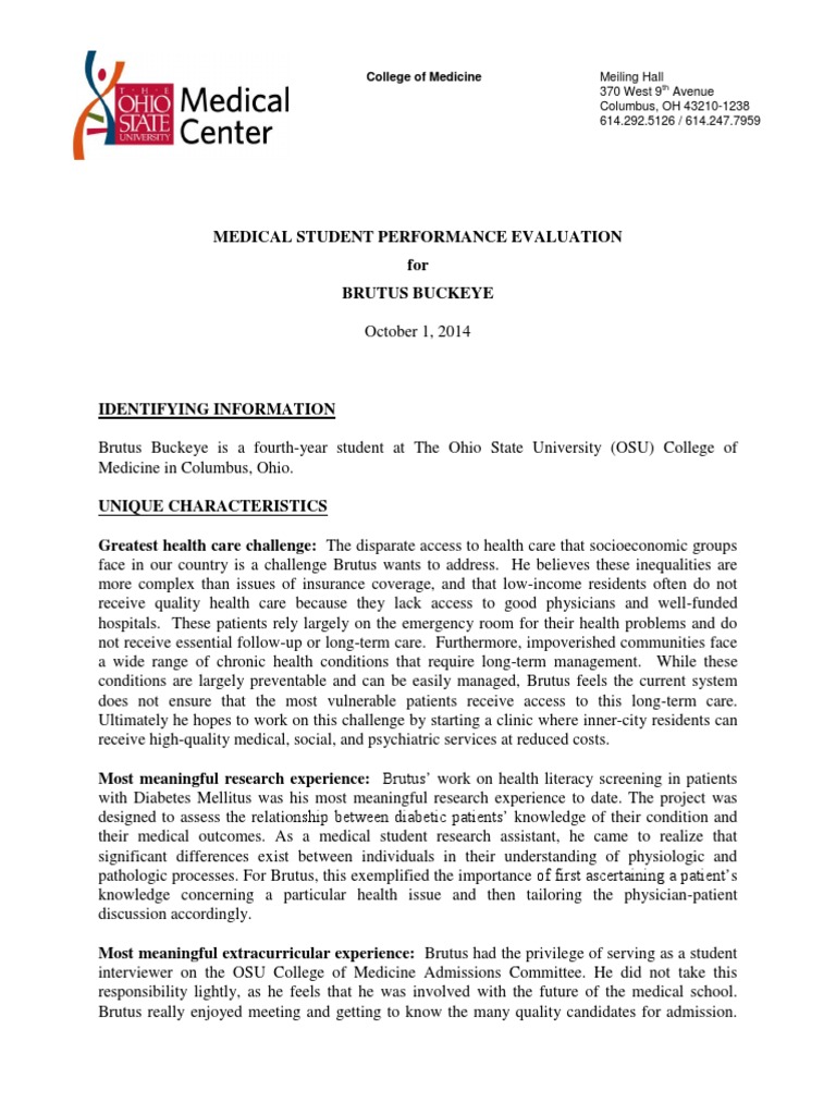 Sample MSPE 2014 | PDF | Medical School | Patient