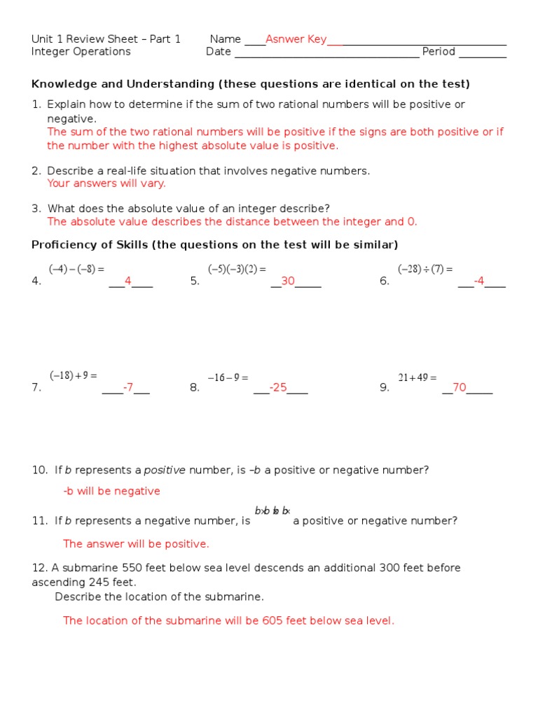 Unit 1 Math Review Answer Key | PDF