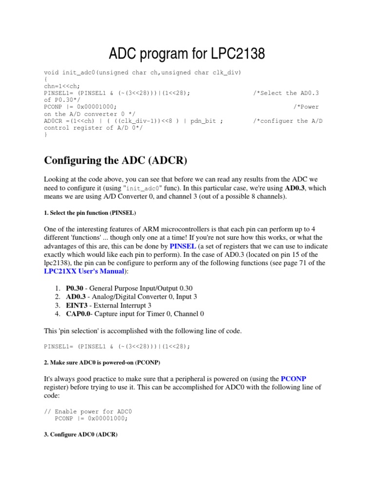 ADC Program For LPC2138 | PDF | Analog To Digital Converter | Electronics