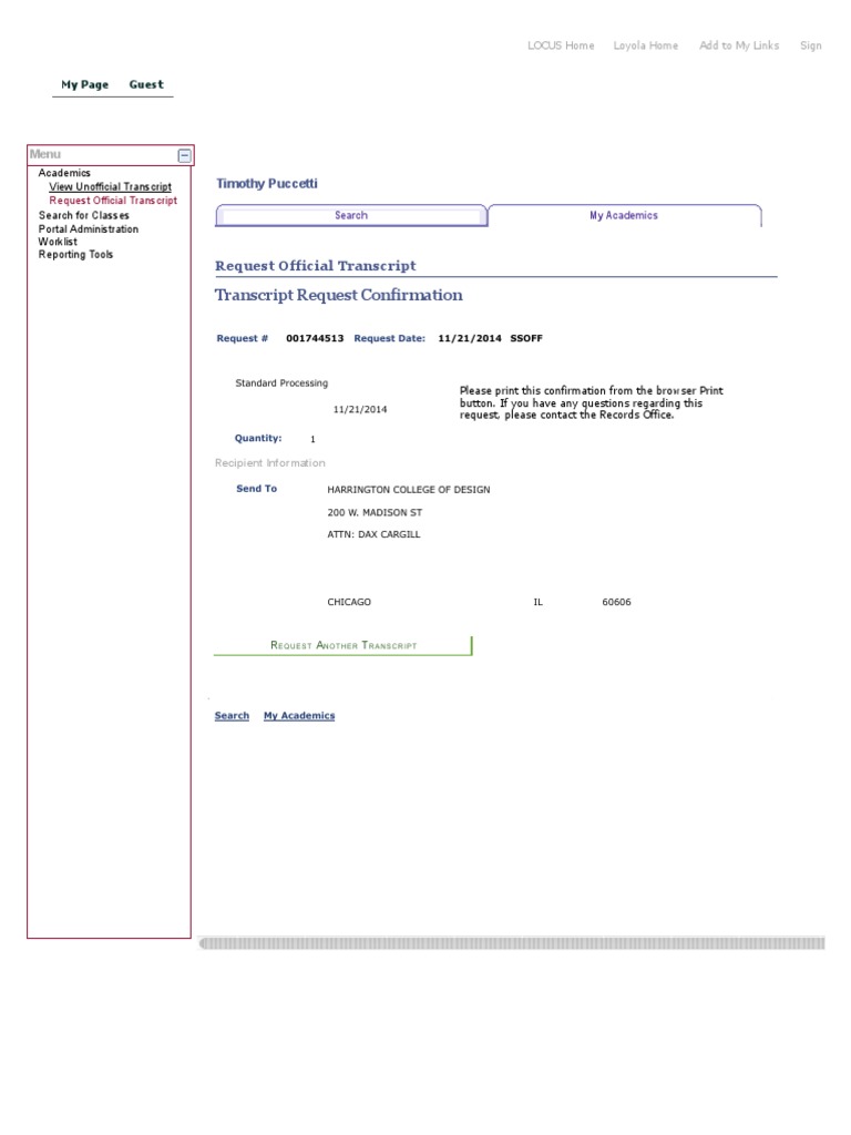 Loyola University Request Official Transcript Nov 21 2014 | PDF ...
