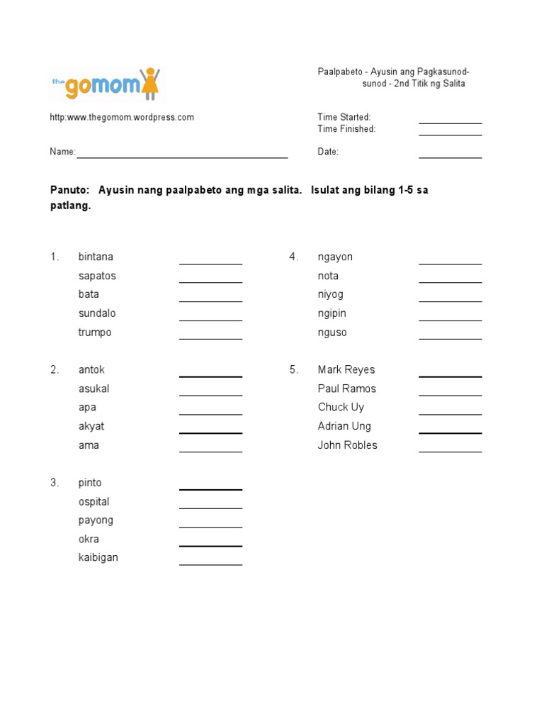 Alpabeto Ayusing Ang Pagkasunod Sunod 2nd Titik NG Salita | PDF Alpabeto Ayusing Ang Pagkasunod Sunod 2nd Titik NG Salita | PDF