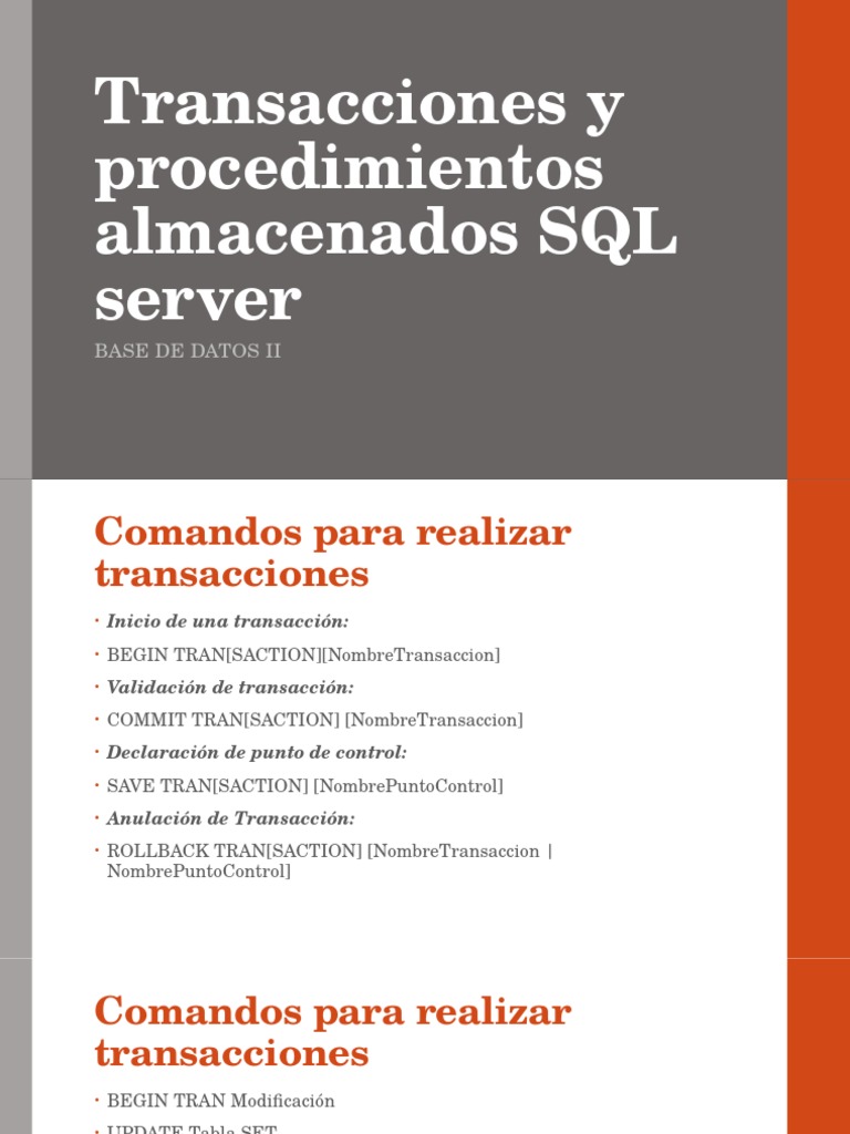 Transacciones y Procedimientos Almacenados SQL Server | PDF | SQL | Servidor SQL de Microsoft