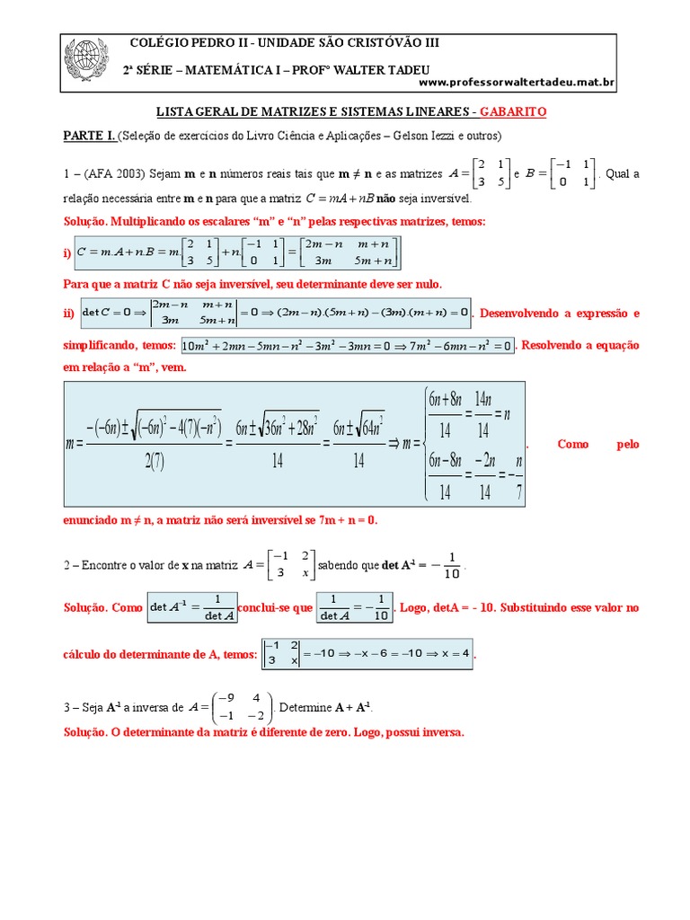 Matrizes exercicios resolvidos | Determinante | Teoria da Matrix