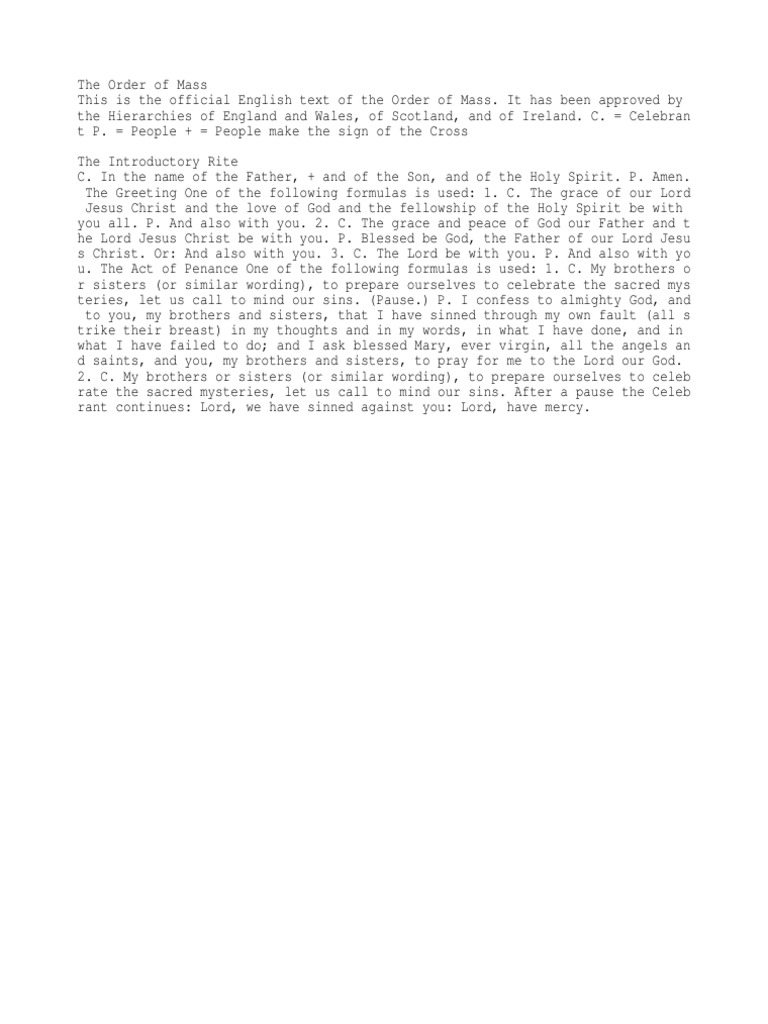Catholic Order of Mass | PDF | Eucharist | Mass (Liturgy)