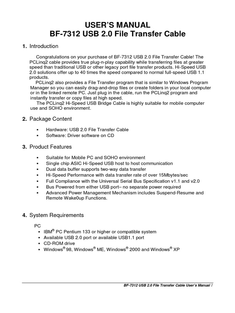 BF-7312 USB 2.0 File Transfer Cable User's Manual - English | PDF | Usb ...