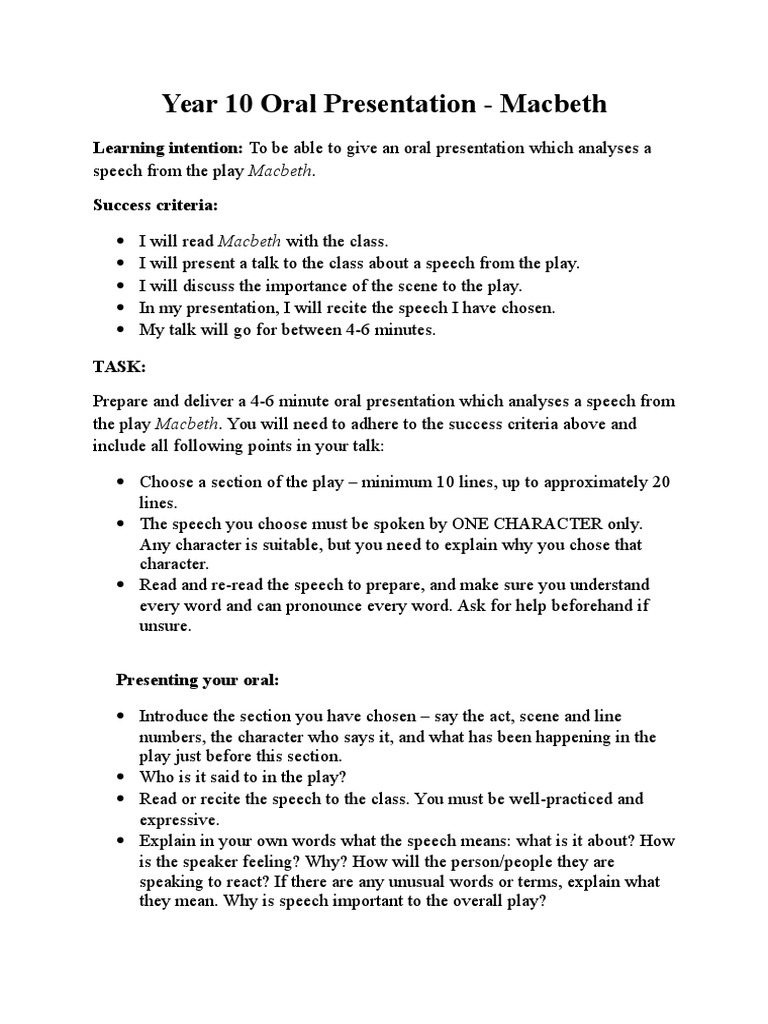 Macbeth Speech Analysis Presentation Guide | PDF | Language Arts ...