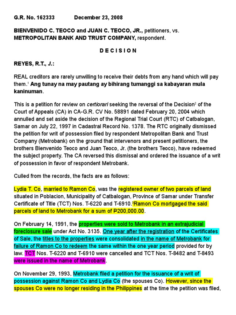 Teoco Vs Metropolitan Bank | PDF | Mortgage Law | Foreclosure