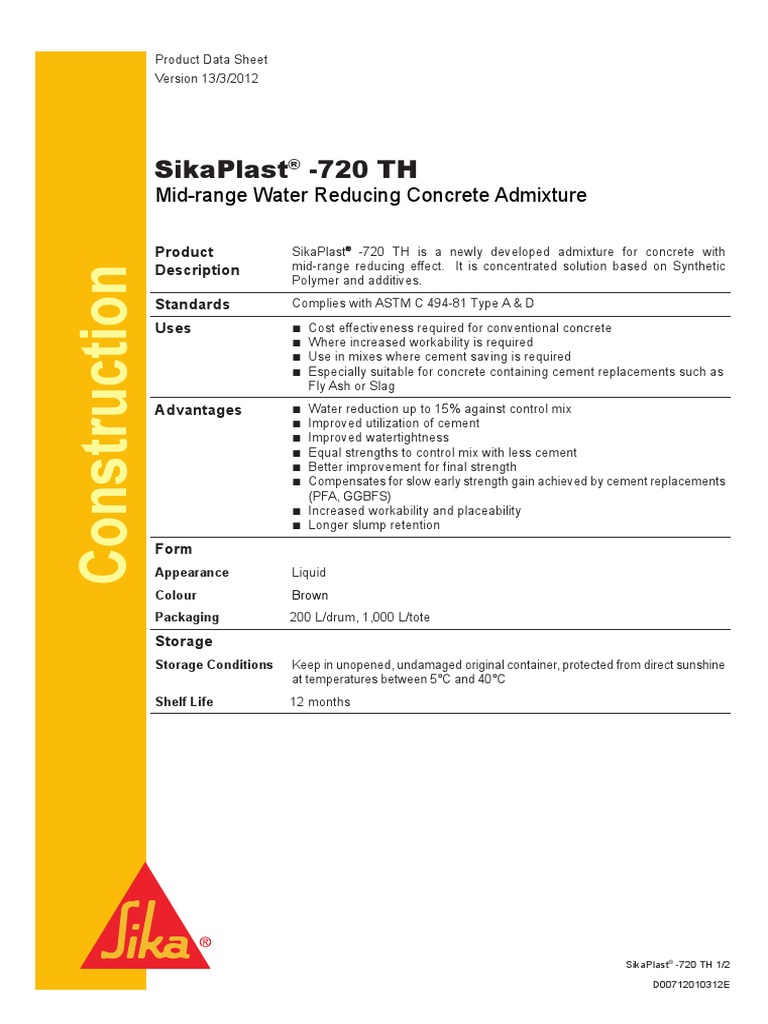 Sika PDS - E - SikaPlast - 720 TH | PDF | Concrete | Cement