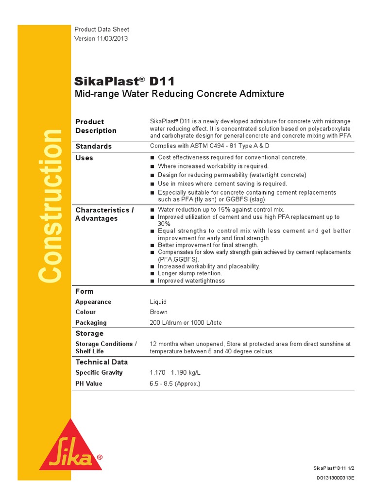 Sika PDS E SikaPlast D11 | PDF | Concrete | Cement
