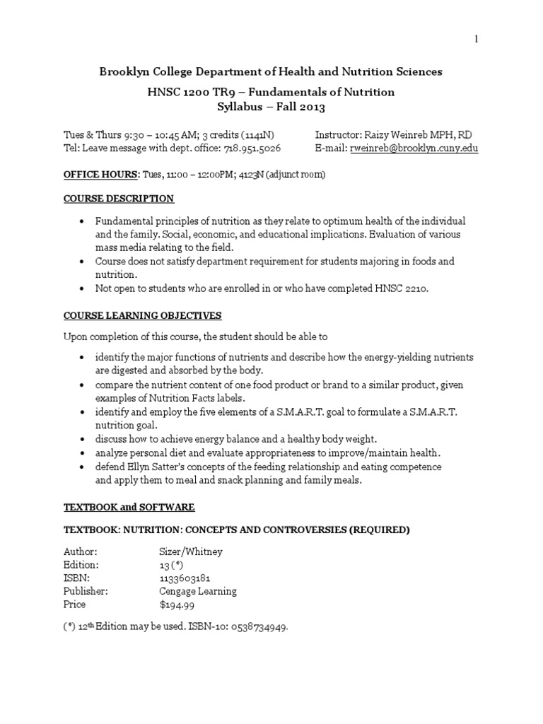 Nutrition 1200 - Course Outline | PDF | Vitamin | Nutrition