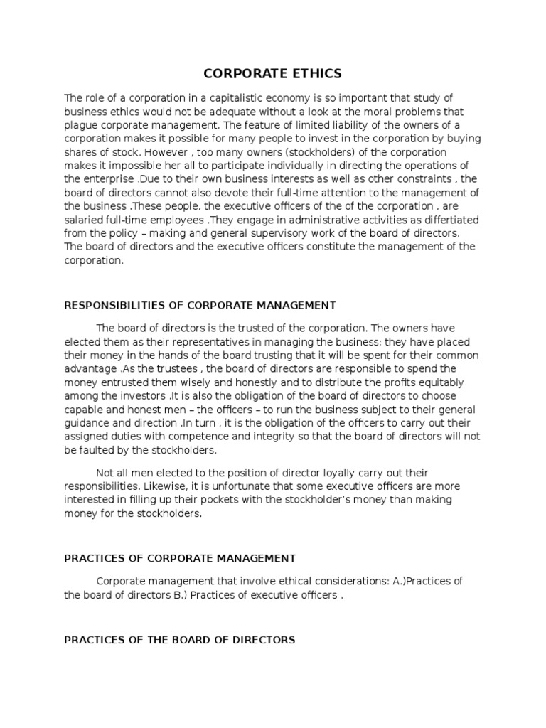 Corporate Ethics | Board Of Directors | Corporations