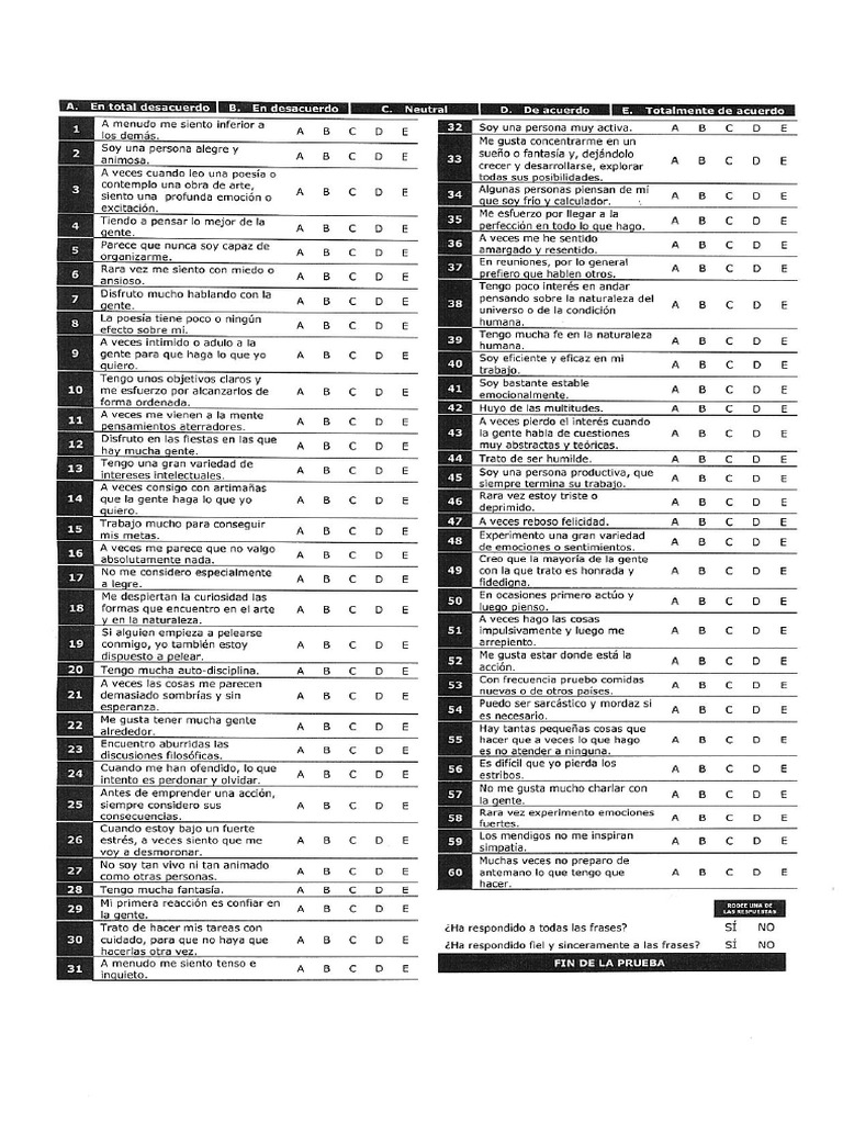 Test Neo FFI .60 Preguntas | PDF