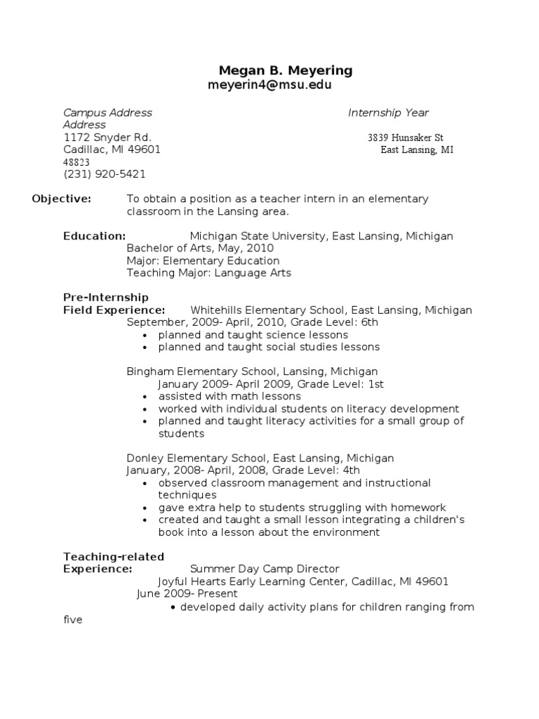 Internship Year Resume | PDF | Michigan State University | Primary ...