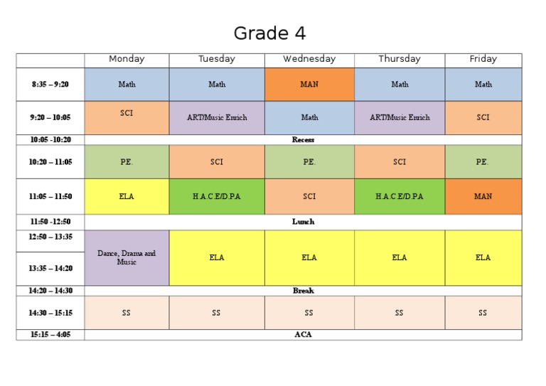 Grade 4 Timetable 2015-2016 | PDF