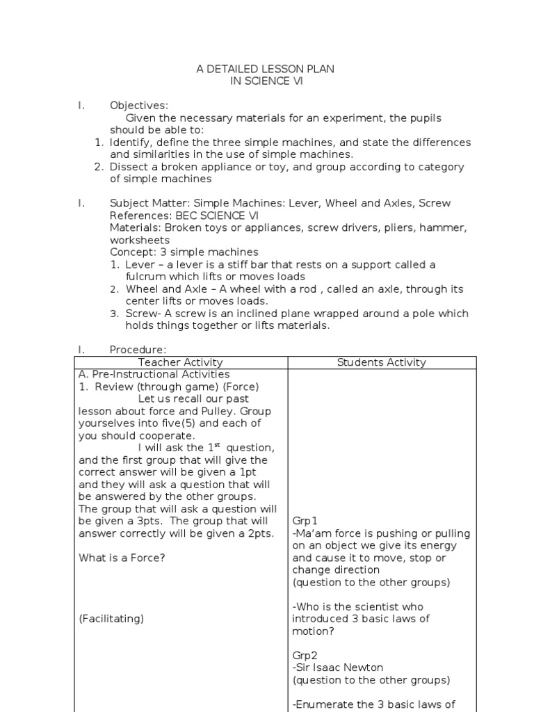 Grade 6 Lesson Plan on Simple Machines | PDF | Machines | Lever