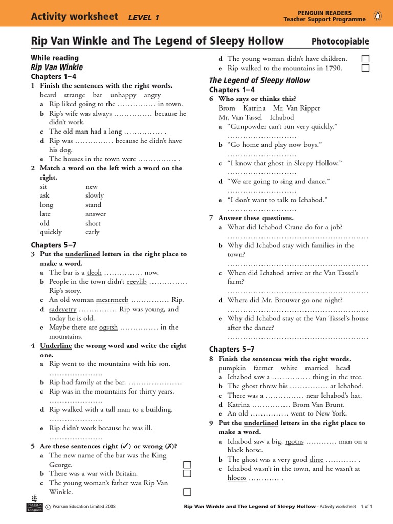 Activity Worksheets Rip Van Winkle and The Legend of Sleepy Hollow ...
