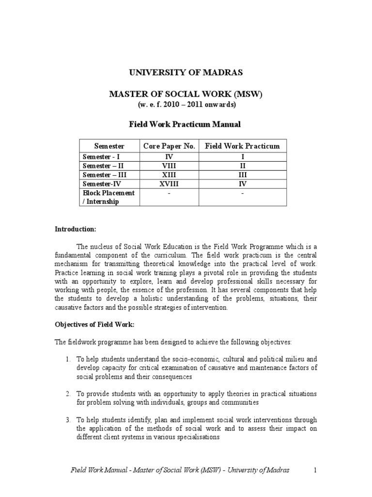 University of Madras Master of Social Work (MSW) : Field Work Practicum Manual | PDF | Social ...