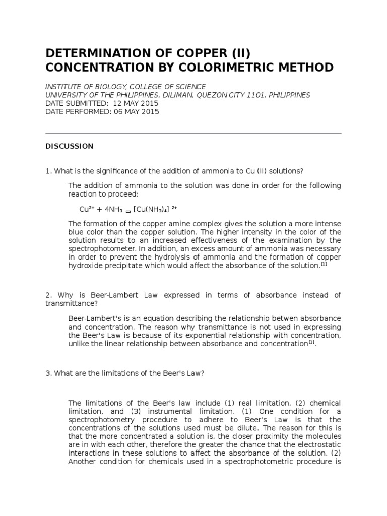 Determination of Copper (Ii) Concentration by Colorimetric Method | PDF ...