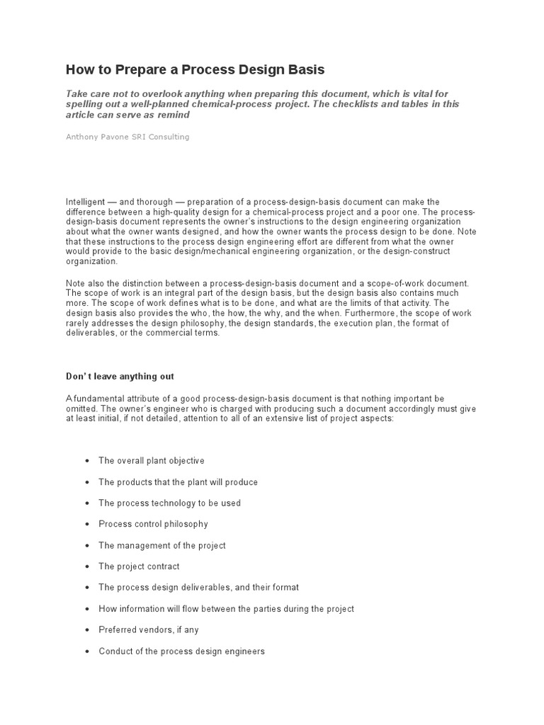 How To Prepare A Process Design Basis | PDF | Specification (Technical ...