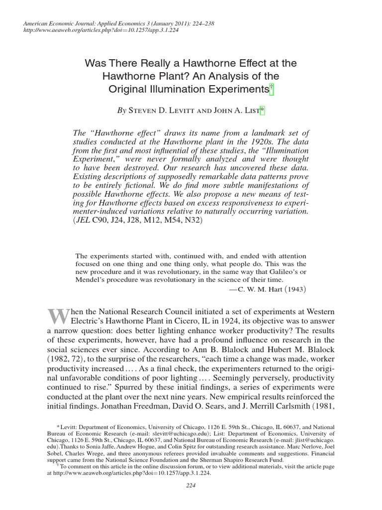 Was There Really A Hawthorne Effect at The Hawthorne Plant - An ...
