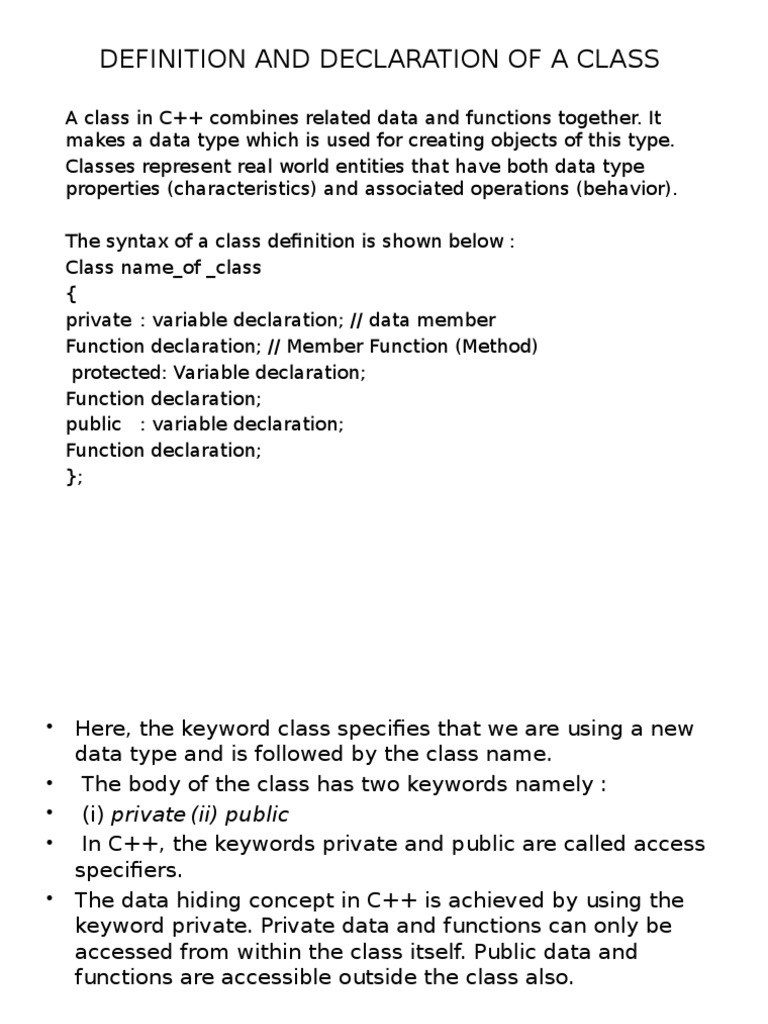 Defining And Declaring Classes In C Class Structure Member Functions Access Specifiers And