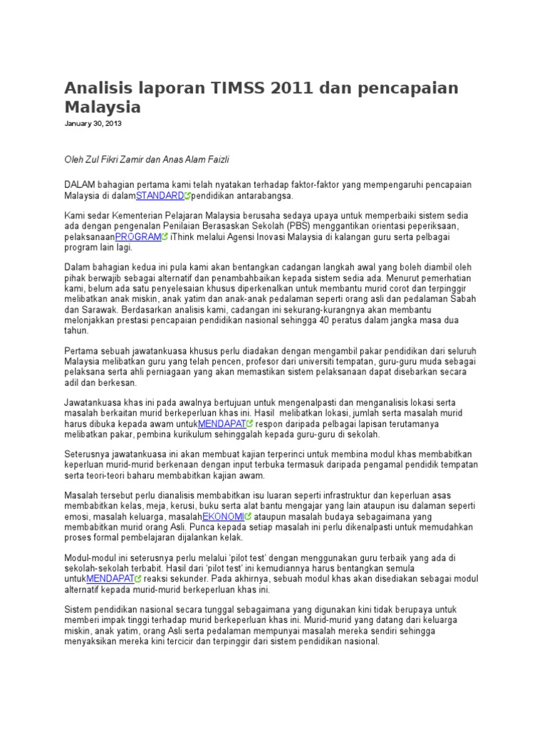 Analisis Laporan TIMSS 2011 Dan Pencapaian Malaysia | PDF | Ilmu Sosial