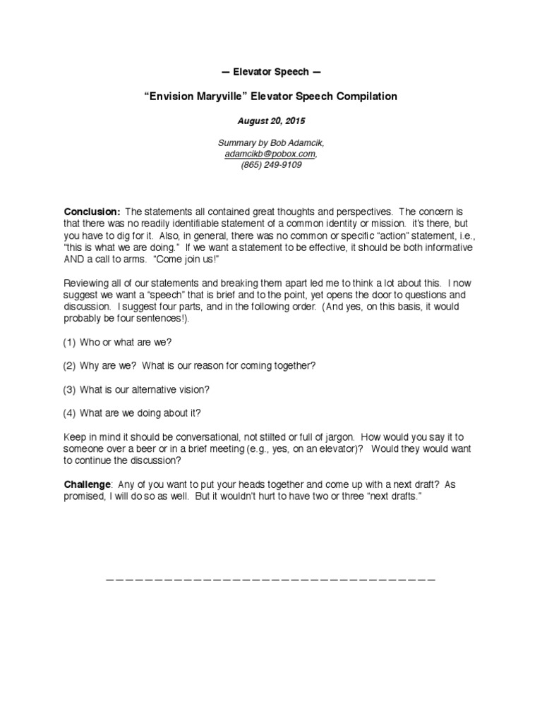 Maryville Working Group, Analysis of Elevator Speeches | PDF | Sustainability