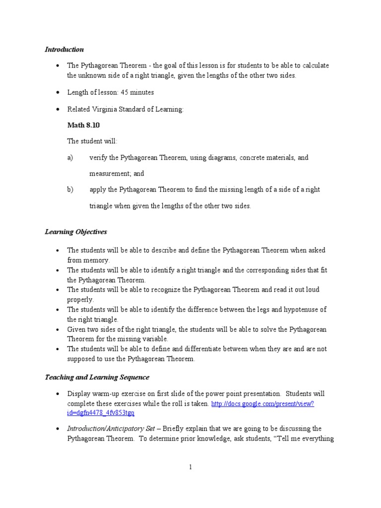 Pythagorean Theorem Lesson Plan | PDF | Triangle | Teaching Mathematics