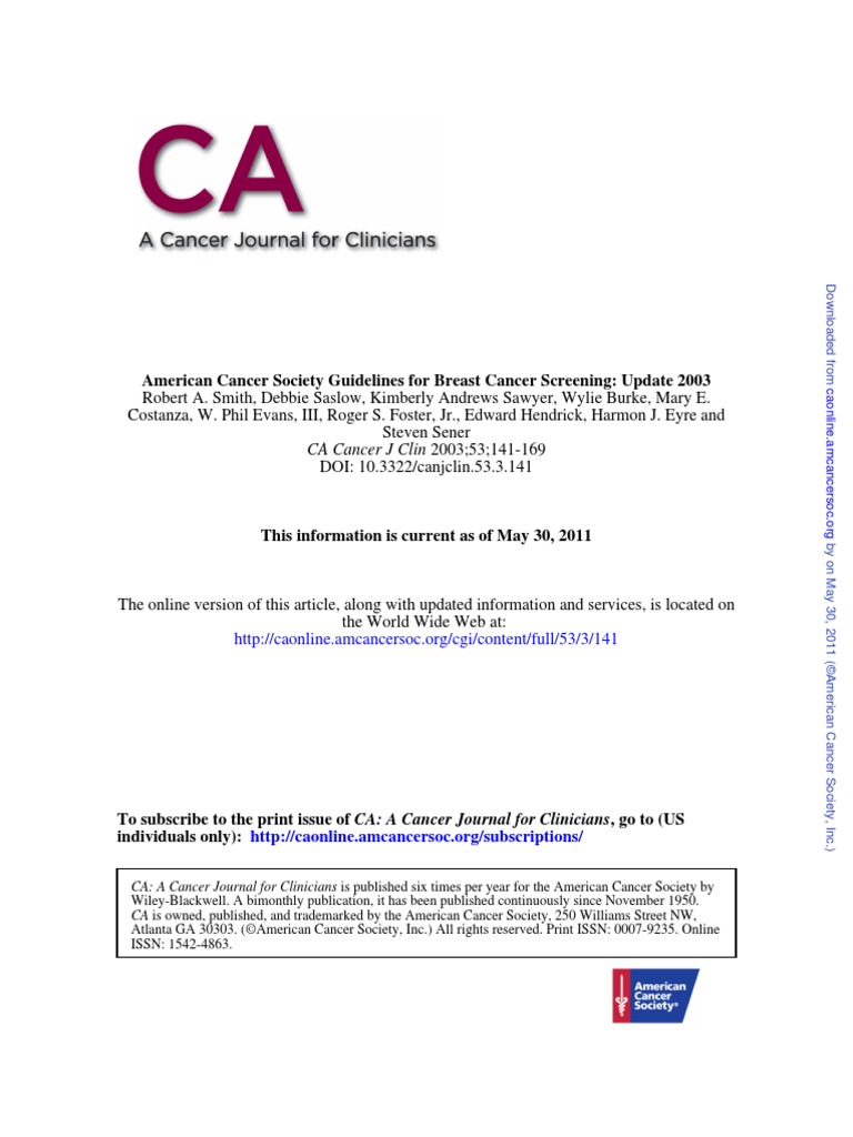 American Cancer Society Guidelines For Breast Cancer Screening: Update ...