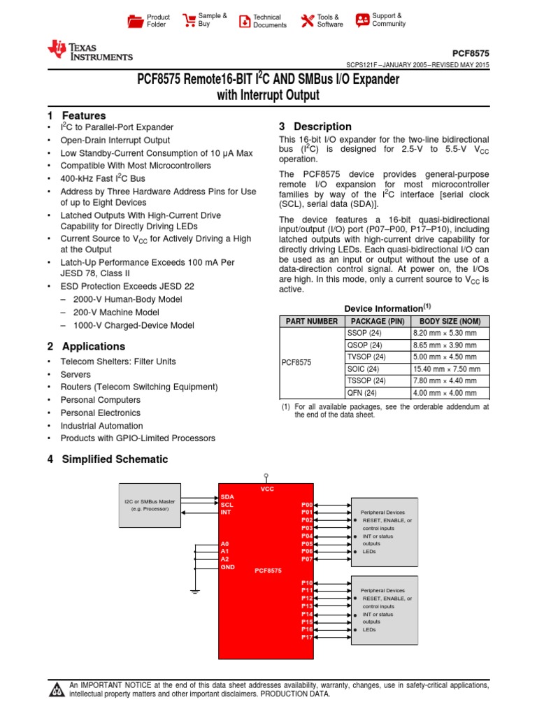 Pcf8575 Remote16-Bit I C and Smbus I/O Expander With Interrupt Output ...