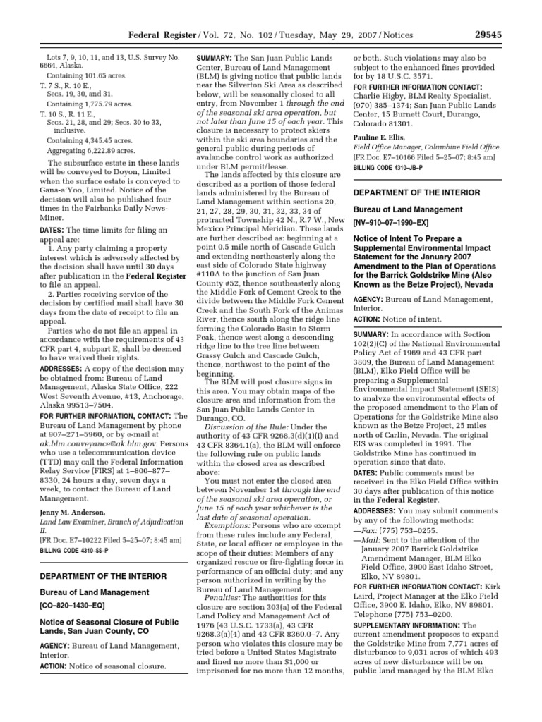 Notice: Alaska Native Claims Selection: Barrick Goldstrike Mine, NV ...